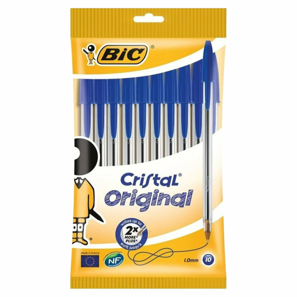 Ручки шариковые BIC "Cristal Original", набор 10 шт, Синие, узел 1 мм, линия письма 0,32 мм, пакет, 830863, 143972