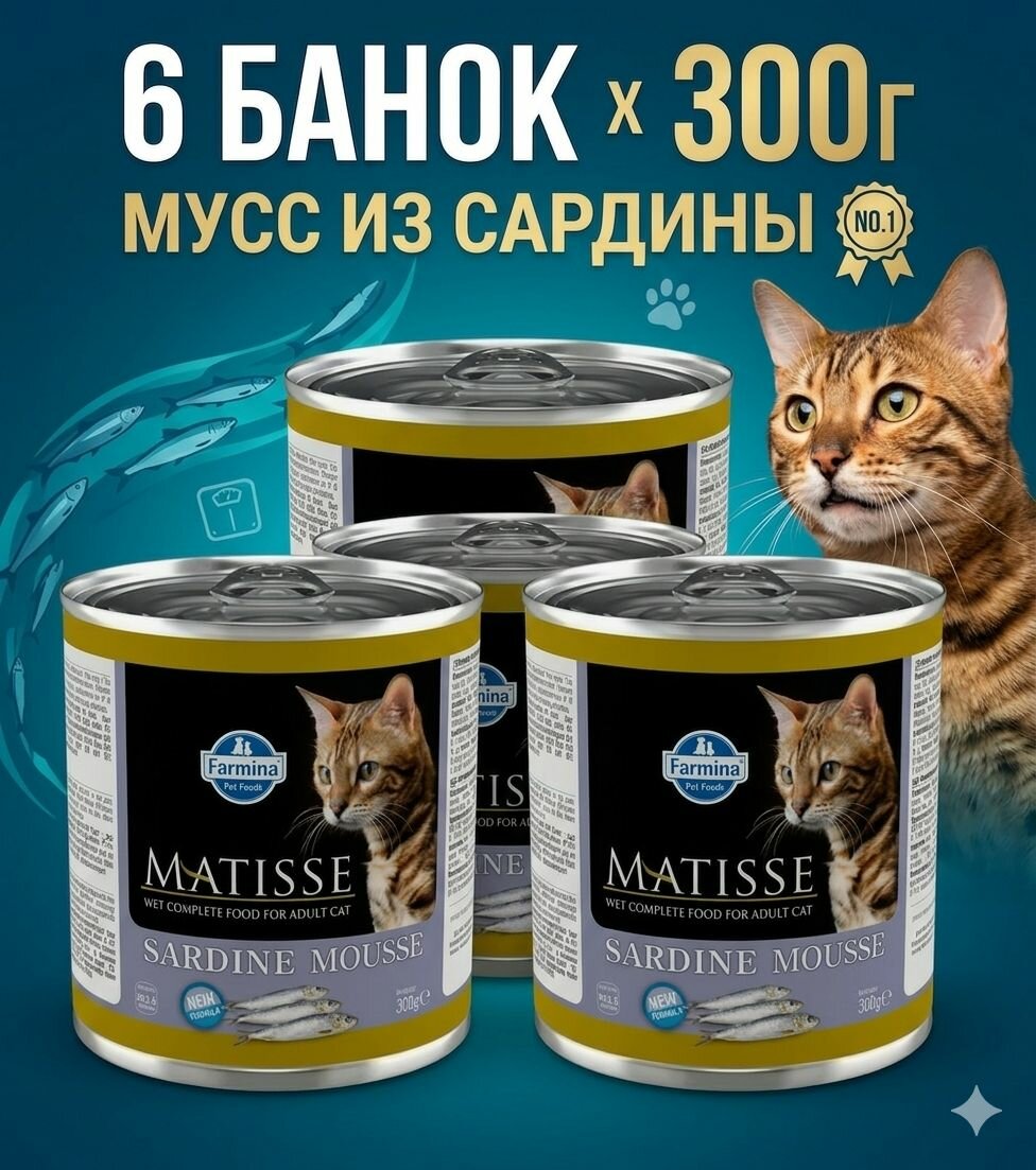 Набор 6 банок по 300 г Фармина Farmina Matisse Cat Mousse Sardine влажный корм для кошек, консервы нежный мусс с сардиной, премиальное повседневное мясное питание паштет