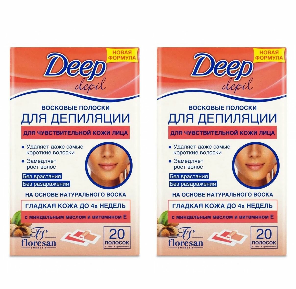 Floresan Восковые полоски для депиляции чувствительной кожи лица Deep depil, 20 шт, 2 уп