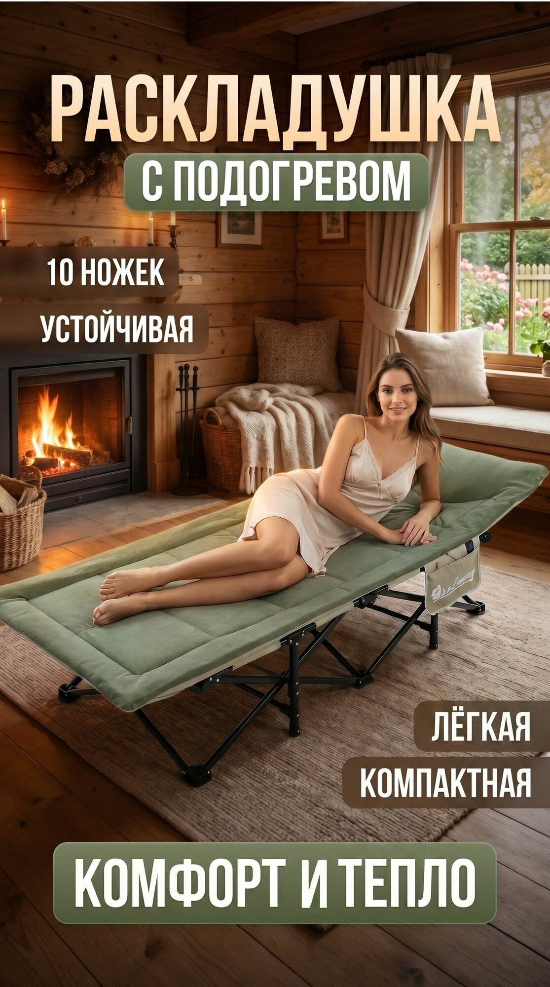 Кемпинговая раскладушка с подогревом для дачи и отдыха на природе