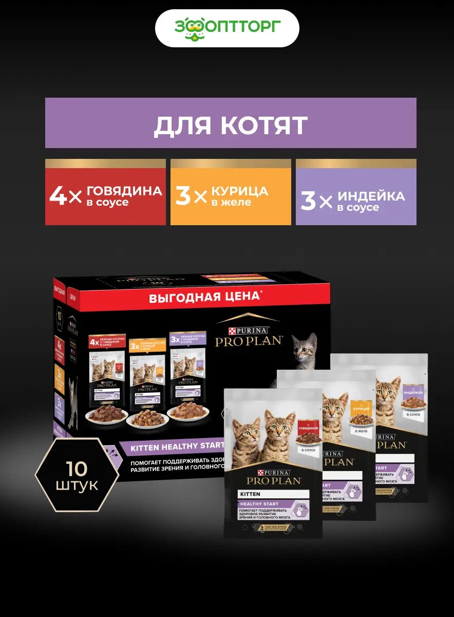 Влажный корм PRO PLAN HEALTHY START набор паучей для котят (в соусе + в желе) Ассорти, 85 г. (10 шт.)