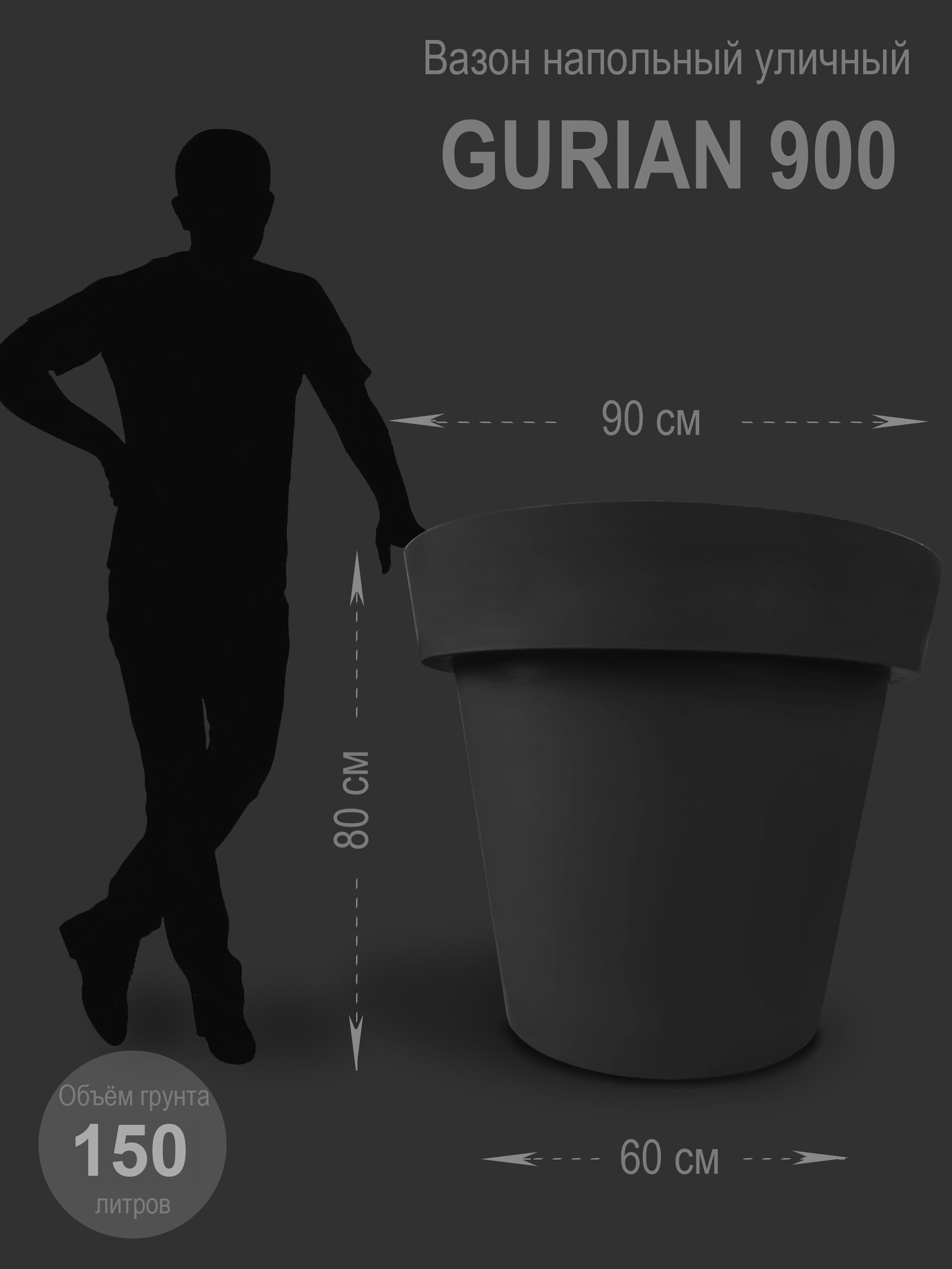 Кашпо, вазон уличный "GURIAN Classic" 900" графит, 150 литров. Озеленение города.