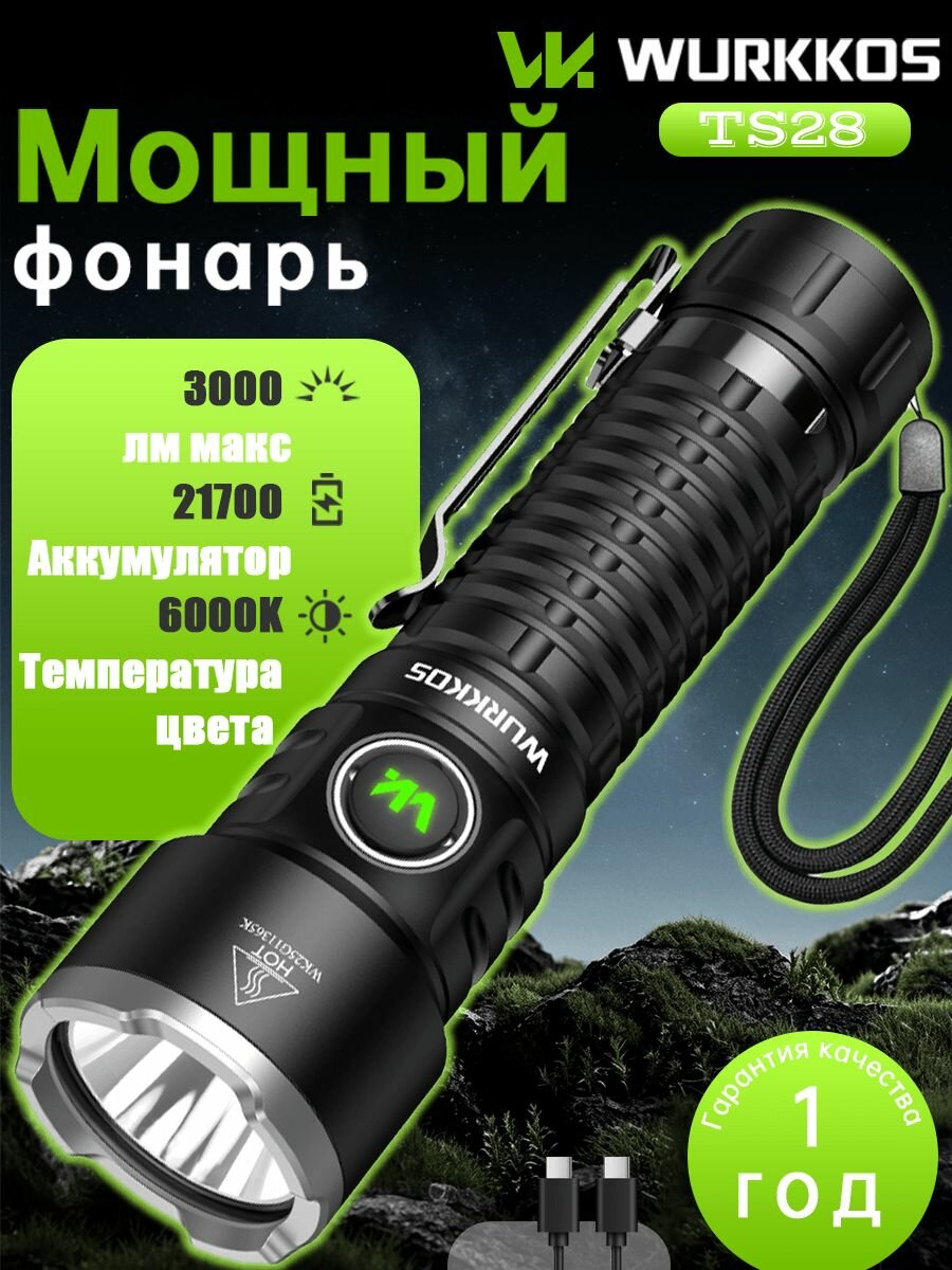 Wurkkos TS28 3200 люмен SFT70.2, 6000K-6500K 506 метров, компактный фонарь дальнего действия с зарядкой Type-C и клипсой