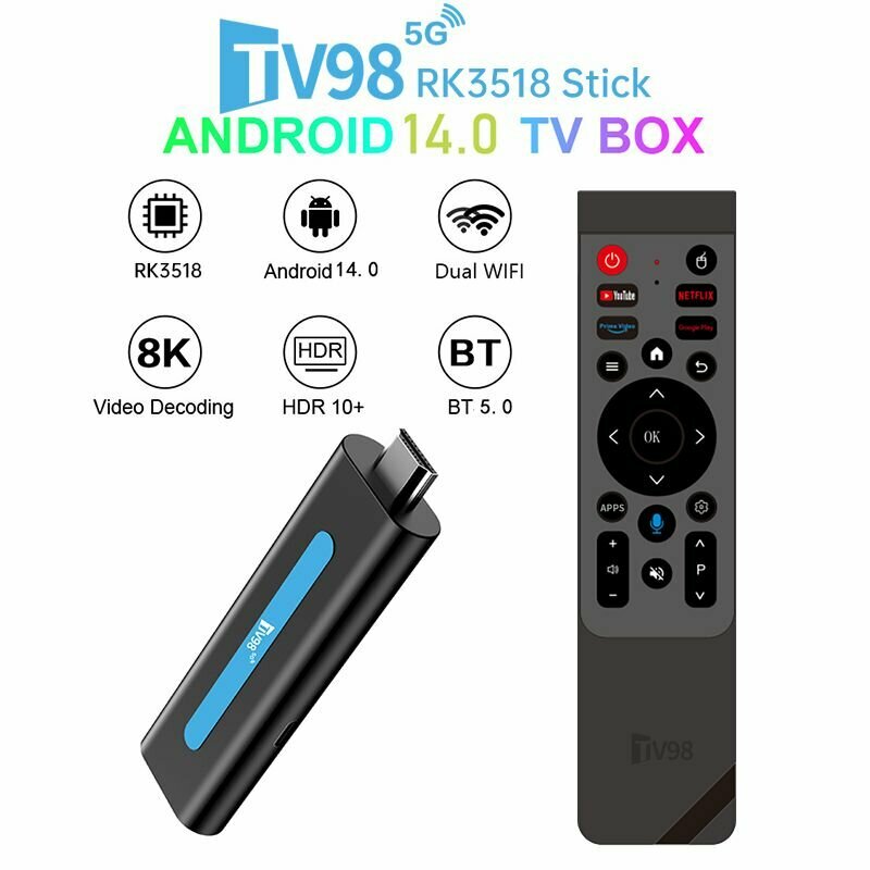 ТВ-стик TV98 RK3518, Android 14.0, декодирование 8K, двухдиапазонный WiFi, Bluetooth-пульт с голосовым управлением 8K голосовое управление двухдиапазонный
