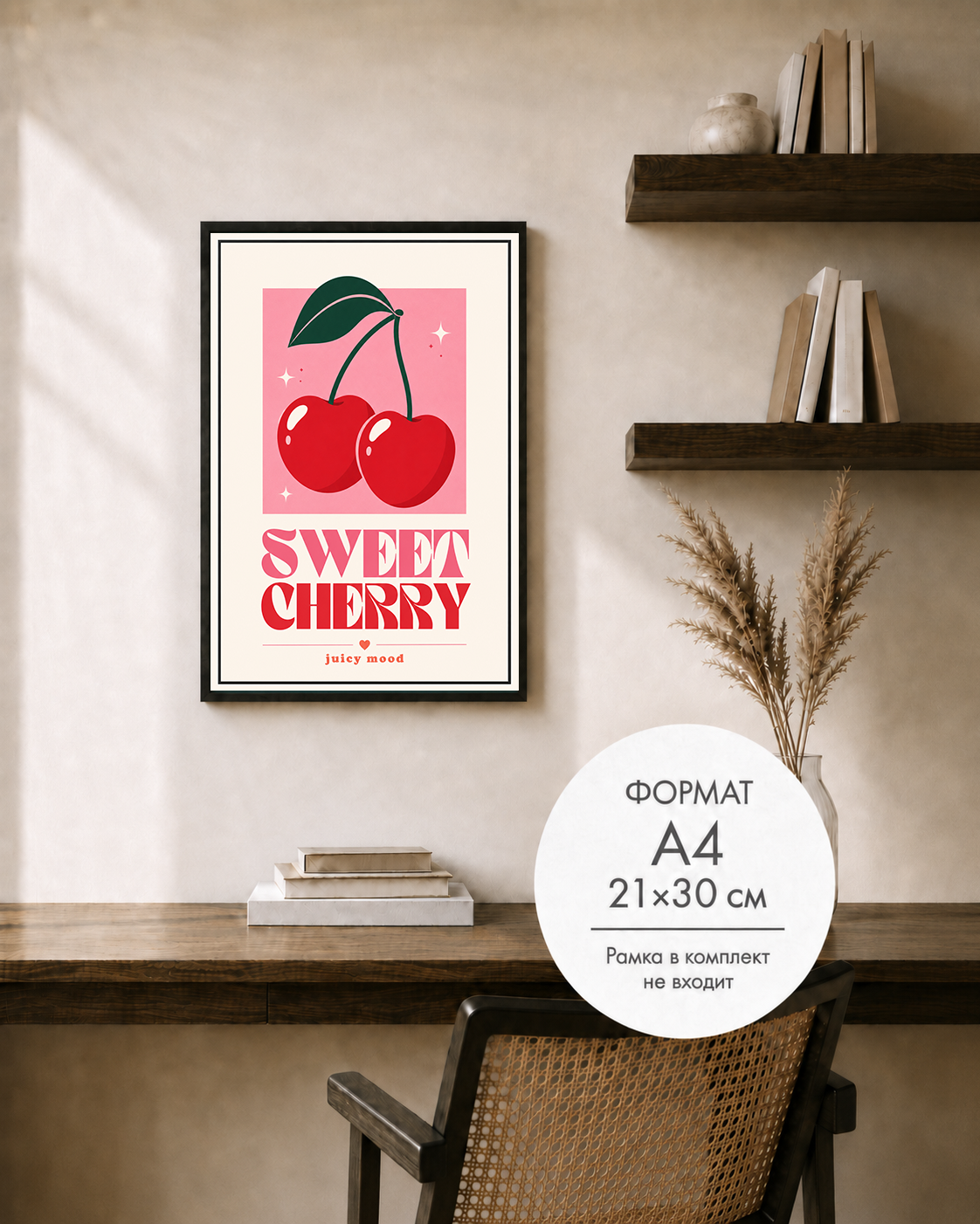 Постер A4 Sweet Cherry в комнату | Эстетичный интерьерный постер с вишней, декор на стену