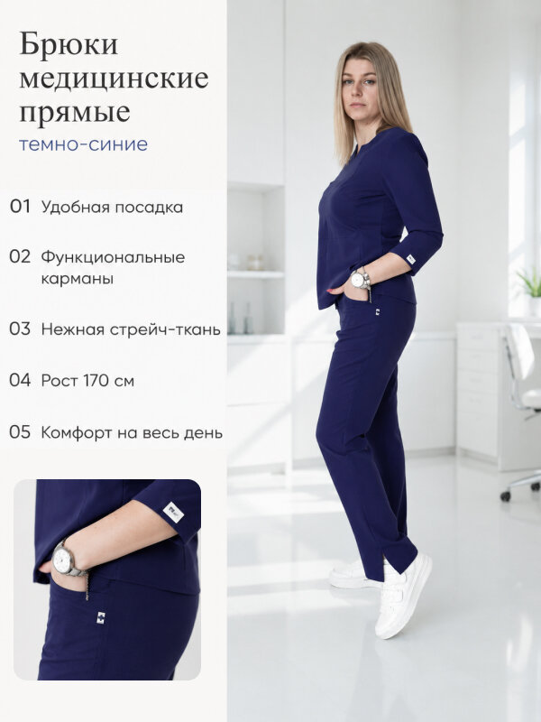 Брюки медицинские прямые вискоза темно-синие рост 170 размер 46