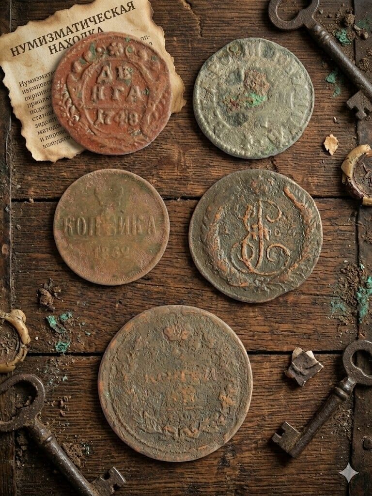 Набор из 5 подлинных медных монет Российской империи XVIII-XIX вв