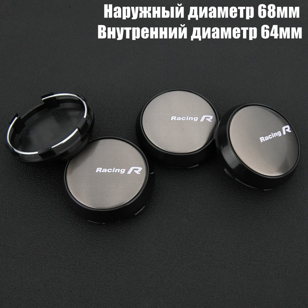 Колпачки на литые диски JDM 68мм/64мм/8мм комплект 4 шт RACING R Наклейка Заглушки ступицы пластик Черный