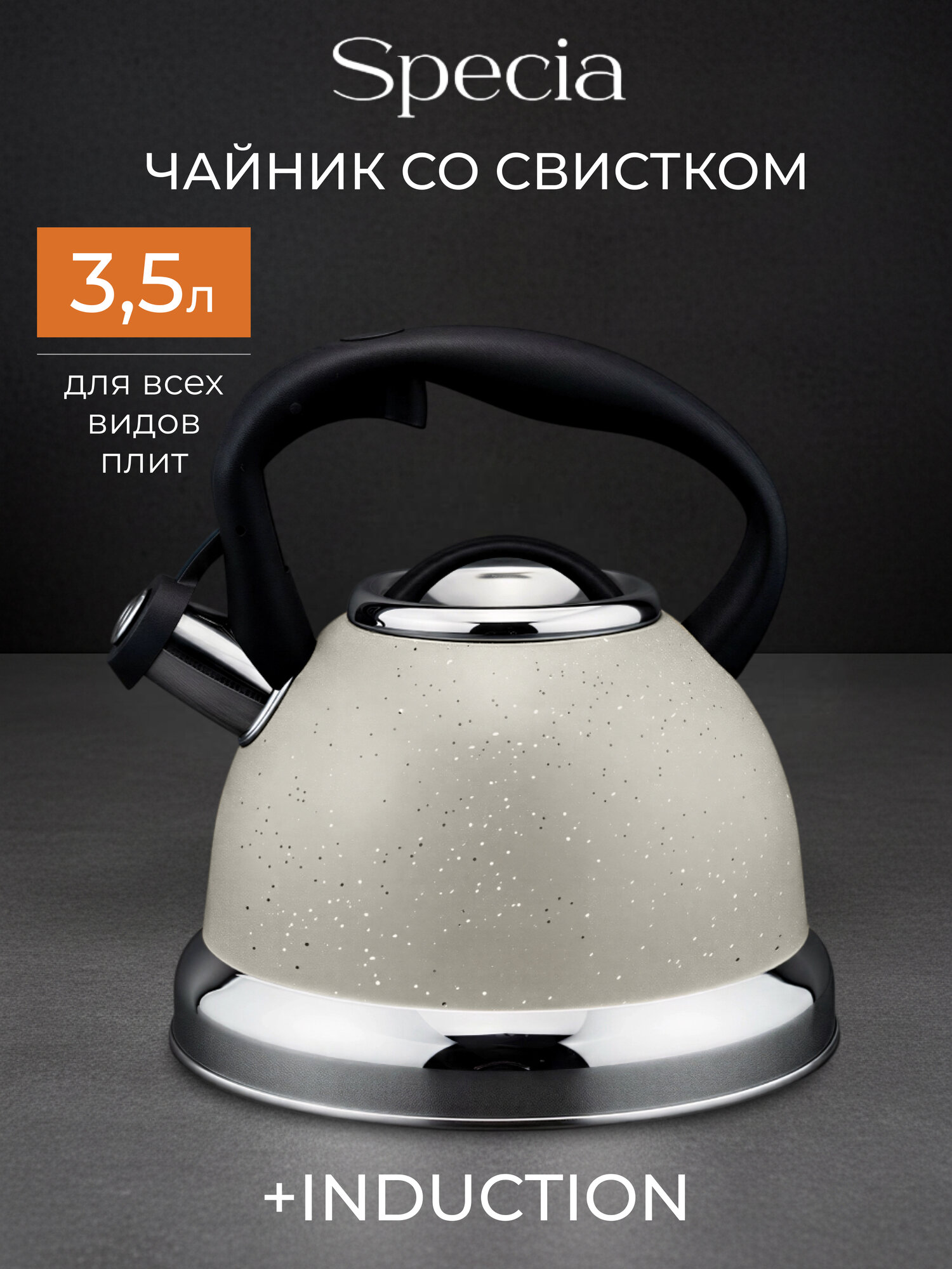 Чайник для плиты 3,5 л, Specia, со свистком, нержавеющая сталь, для всех типов плит