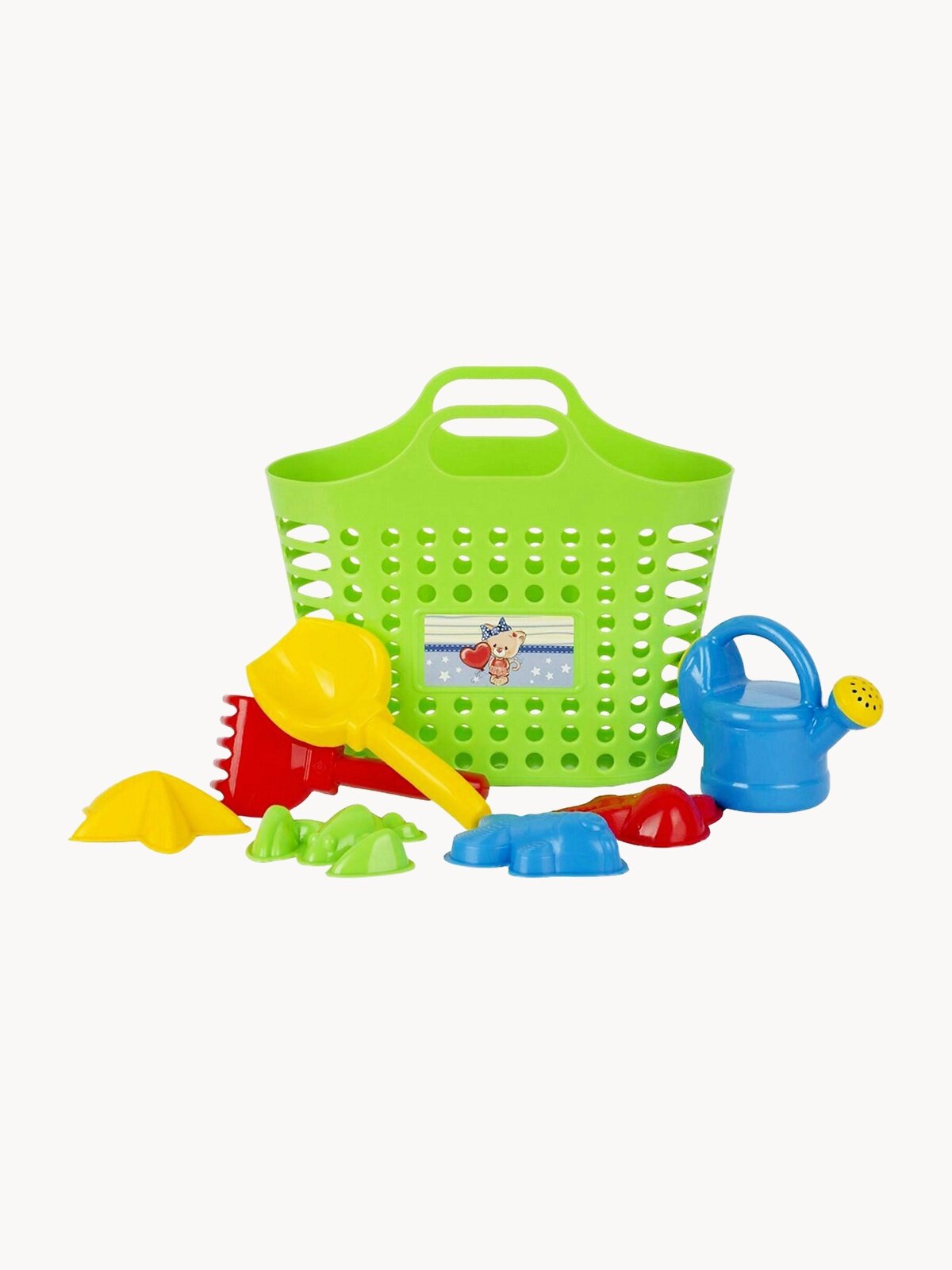 Набор для песочницы, 8 предметов. сумка-корзина, лейка-мини 0,5 Л, совок L16см. грабли, формочки 4 шт.