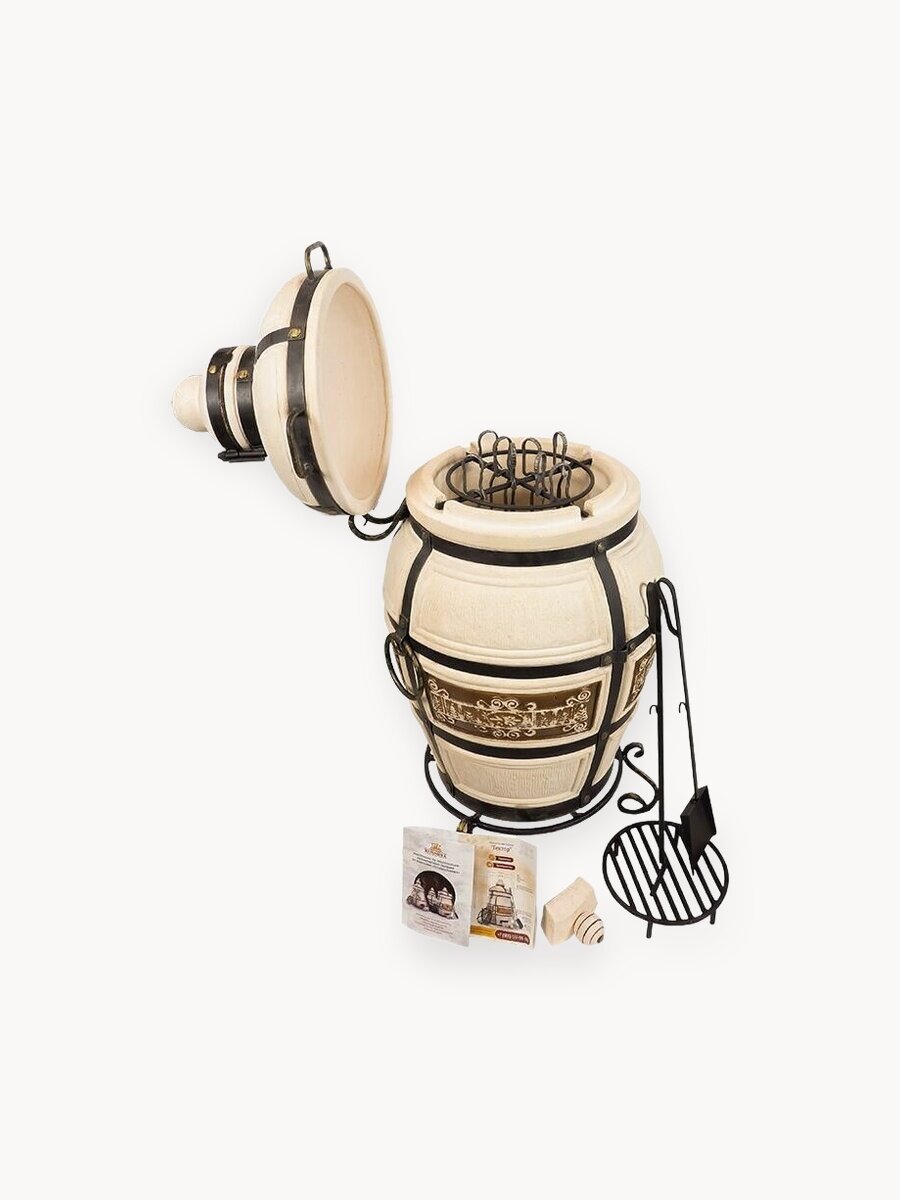 Керамический тандыр Гектор с шампурами, подставкой, совком, кочергой и зольной решеткой в комплекте