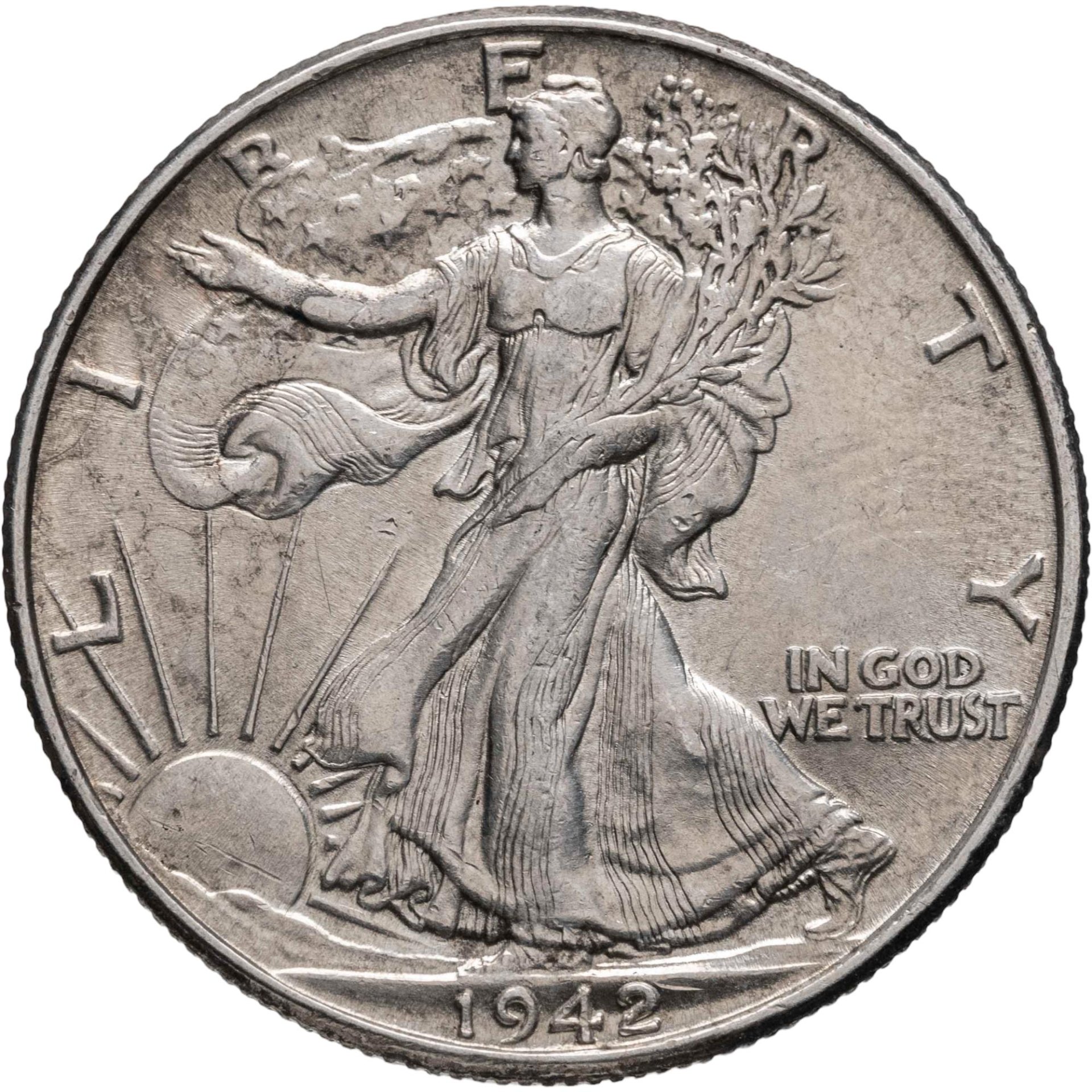 США 50 центов 1/2 доллара, half dollar 1942 Walking Liberty Half Dollar, без отметки монетного двора, Серебро 900, в сохранности XF-AU