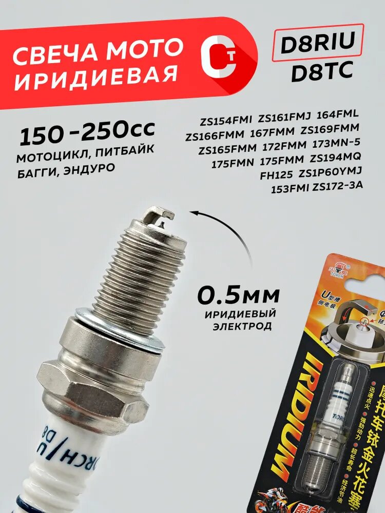 Свеча зажигания D8TC иридиевая D8RIU TORCH / Свеча зажигания для мотоцикла 4Т, квадроцикла 150-250сс