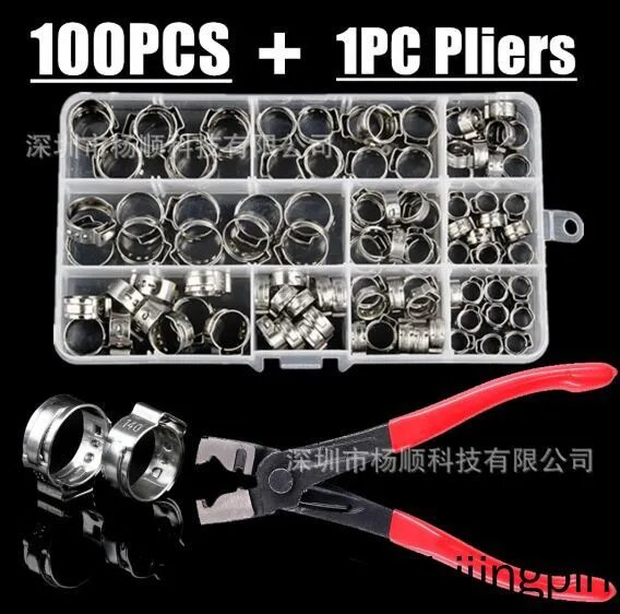 Набор 100 шт. бесступенчатых хомутов с обжимными клещами - универсальные комбинированные крепления для шлангов и труб