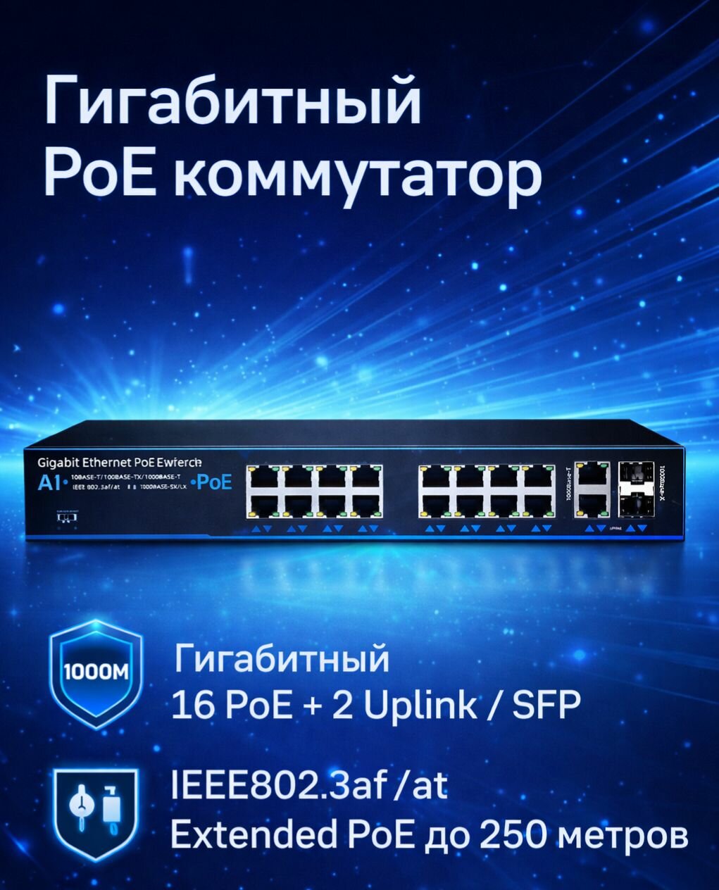 POE коммутатор гигабитный 16+2/2sfp порта до 250м 240w 802.3af/at