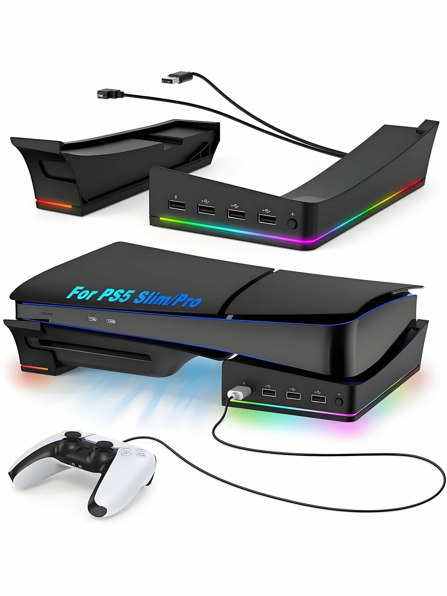 RGB Горизонтальная Стойка для PS5 Pro/Slim с 14 Режимами Подсветки и 4 USB-Хабами - Боковая Подставка для Дисковых/Цифровых Консолей, Базовый Держатель с Зарядкой Контроллеров