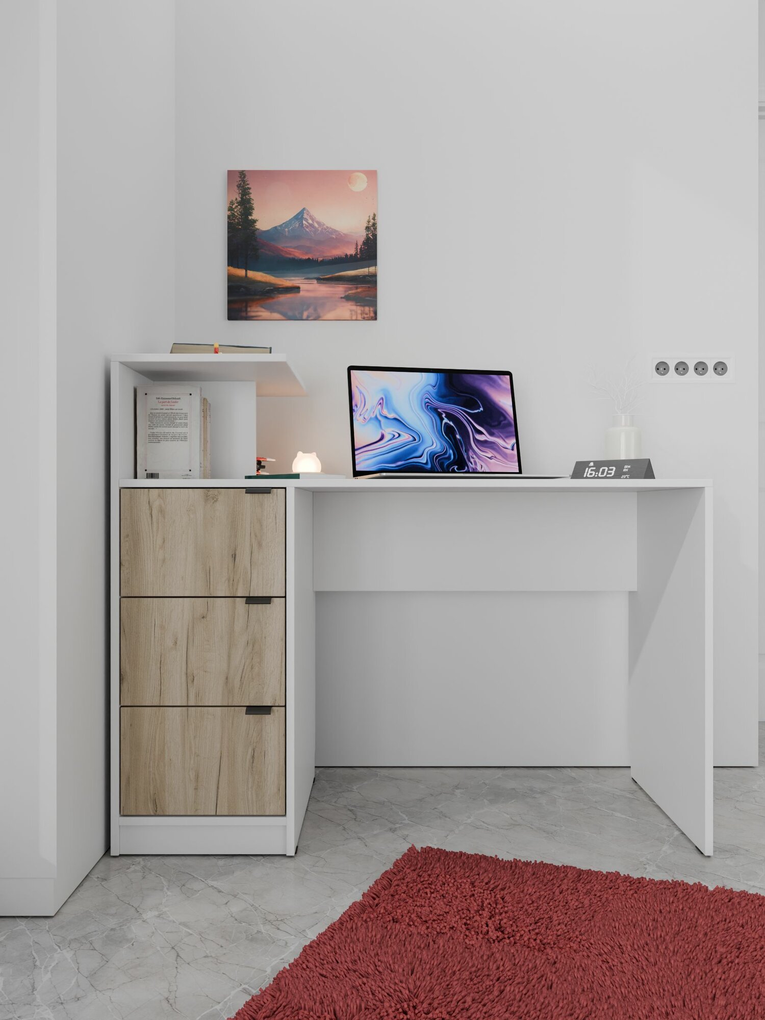 Изумлит Стол письменный с тумбой слева Практик 120х75х60.4 см, белый-дуб крафт серый