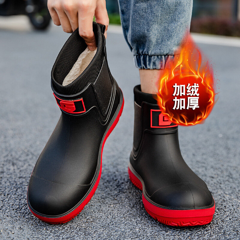 Резиновые сапоги, парные резиновые сапоги, удобные водонепроницаемые туфли средней высоты для мужчин и женщин, резиновые сапоги на толстой подошве, водонепроницаемые и нескользящие резиновые туфли с хлопковой подкладкой. EU:43