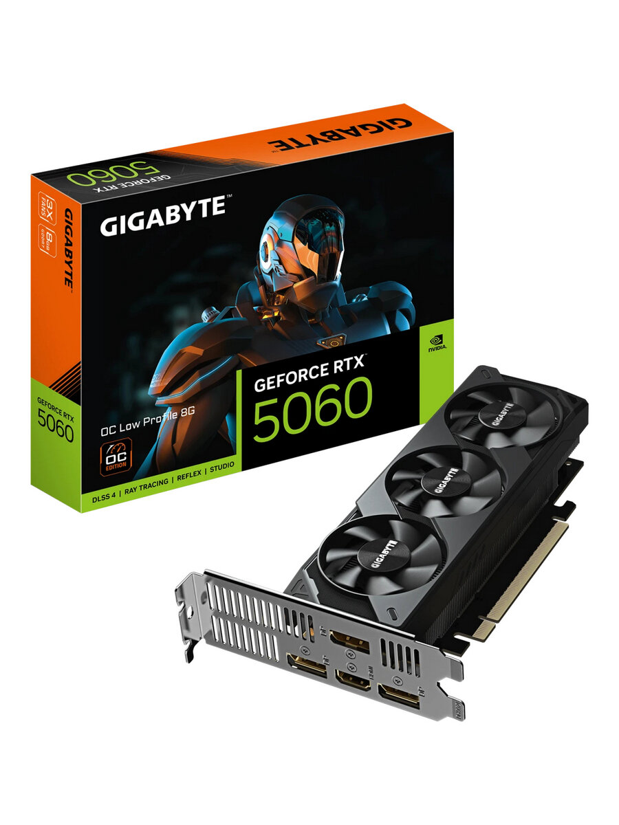 Видеокарта GIGABYTE nVidia GeForce RTX 5060 OC Low Profile 8G (8Gb, GDDR7, 128 bit, 3xDP+HDMI, RTL) (GV-N5060OC-8GL)