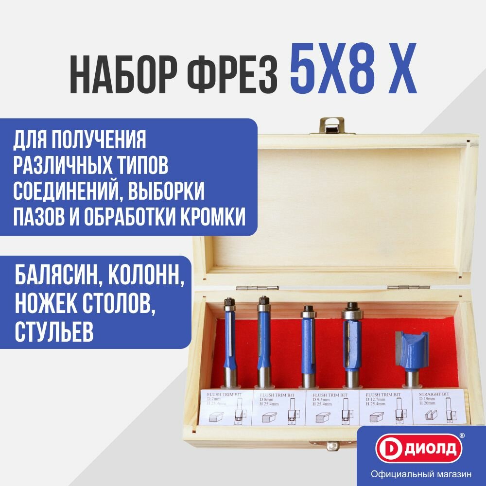 Набор фрез Диолд 5x8 Х (5 шт, диаметр хвостовика 8 мм)