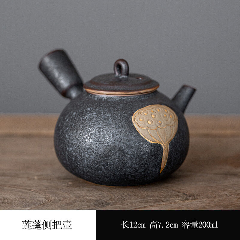 Чайник в форме лотоса для домашнего использования, одиночный чайник, винтажный керамический чайник в японском стиле, чайный сервиз для кунг-фу, чайник с боковой ручкой.