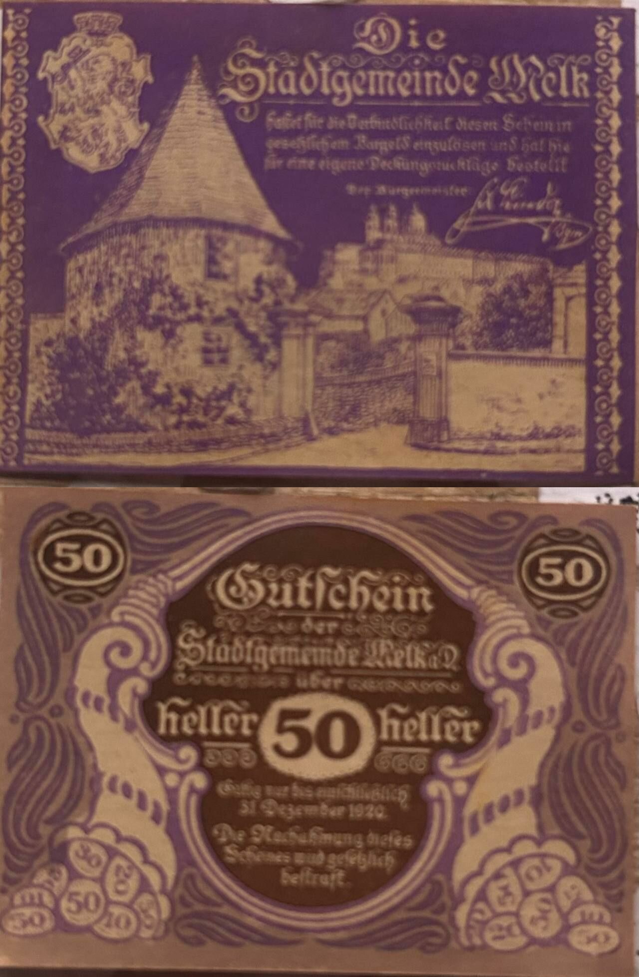 Австрия 50 геллеров 1920 Мельк aUNC