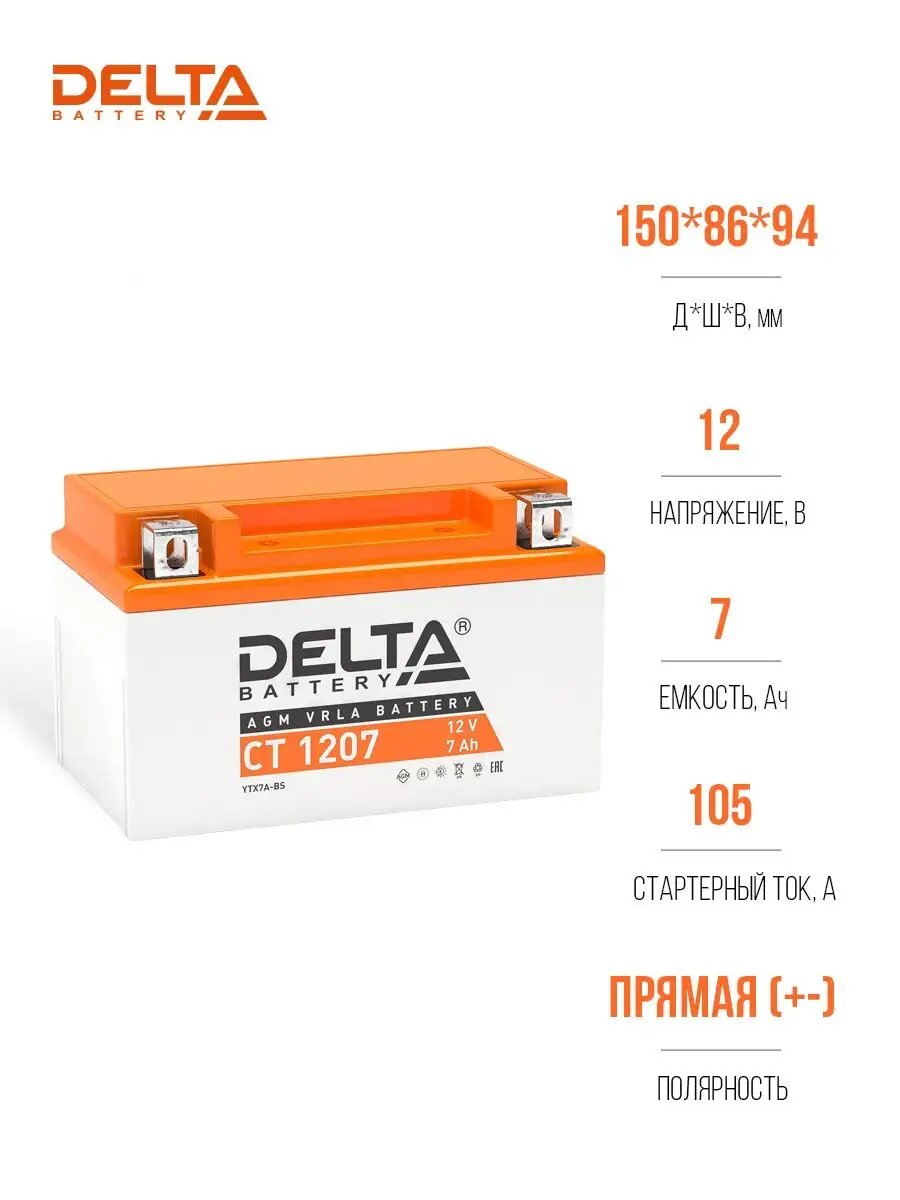 Аккумулятор для мотоцикла 12v 7Ah DELTA DELTA CT 1207