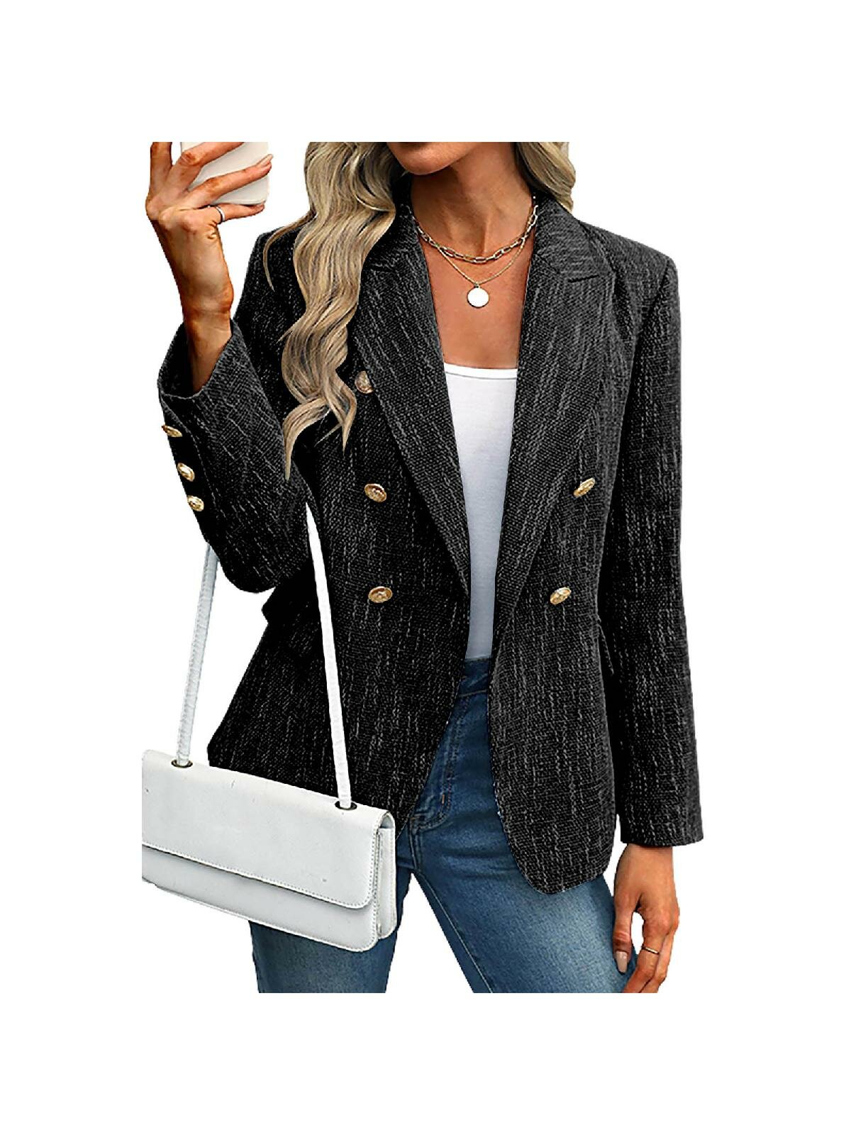 Женский Твидовый Блейзер В деловом стиле, Повседневный - Двубортный пиджак С длинными рукавами, Рабочий костюм с открытой передней частью