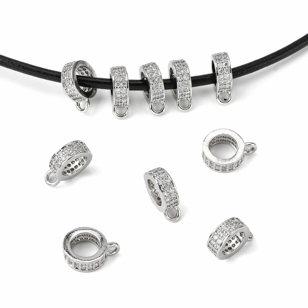 5 шт. латунных микрофианов с кубическим цирконием, трубчатых бейлов, петель, прозрачных бусин, платиновых, 10x7,5x3 мм