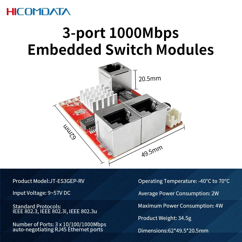 Коммутатор Ethernet 3-port 1000Mbps JT-ES3GEP-RV