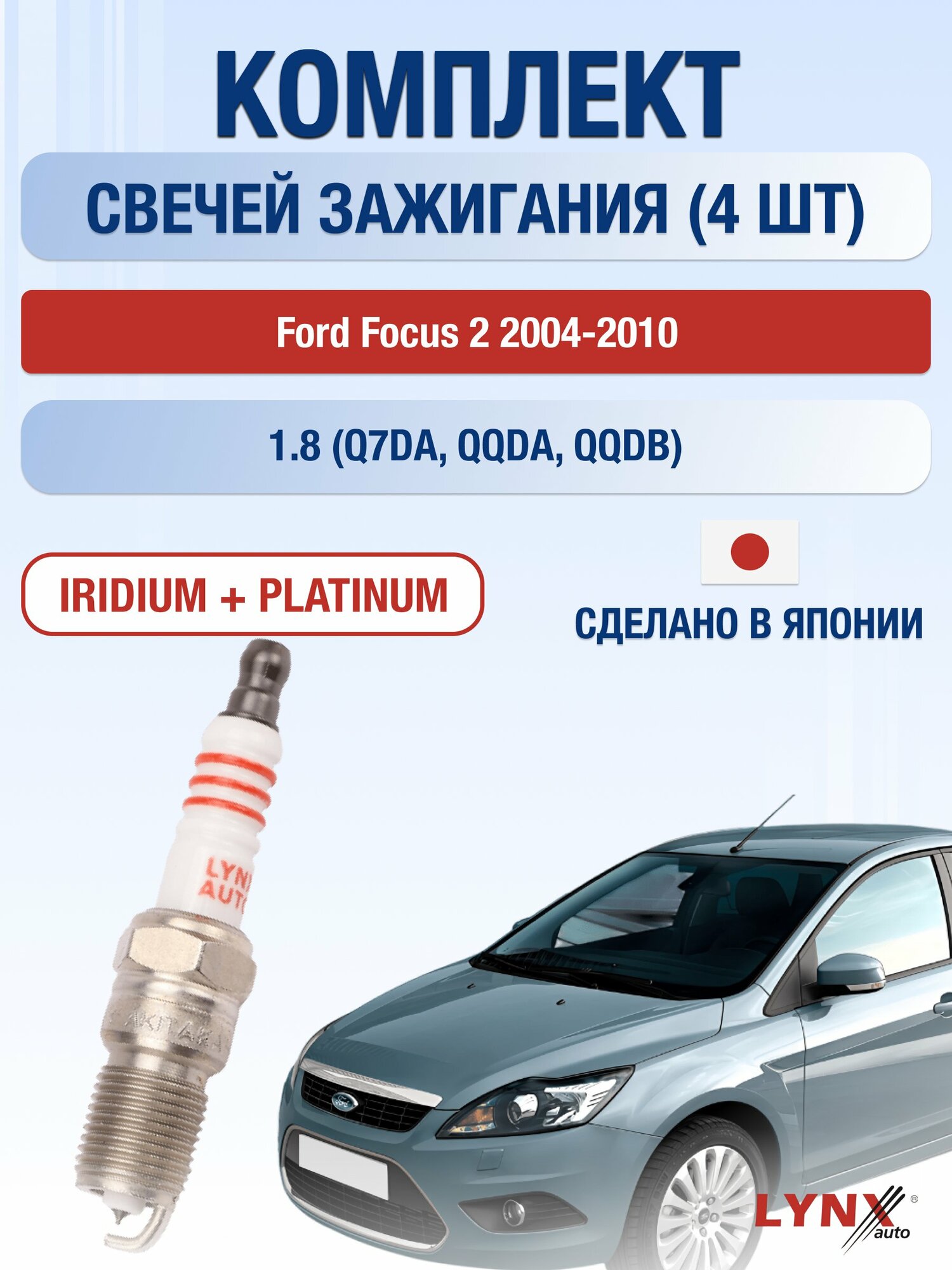 Свечи зажигания на Ford Focus 2 2004-2010г./ комплект 4 шт. Двигатель 1.8 (Q7DA, QQDA, QQDB) SP-175/ LYNXauto