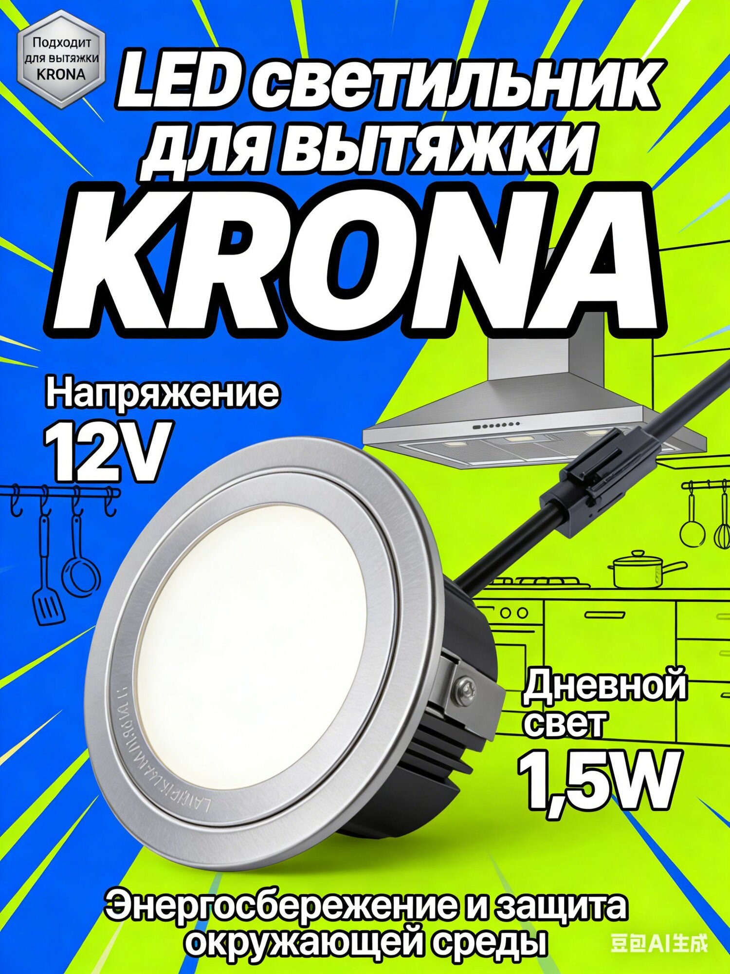 Светодиодный светильник для кухонной вытяжки KRONA и др, 12V, 1.5W, дневной свет