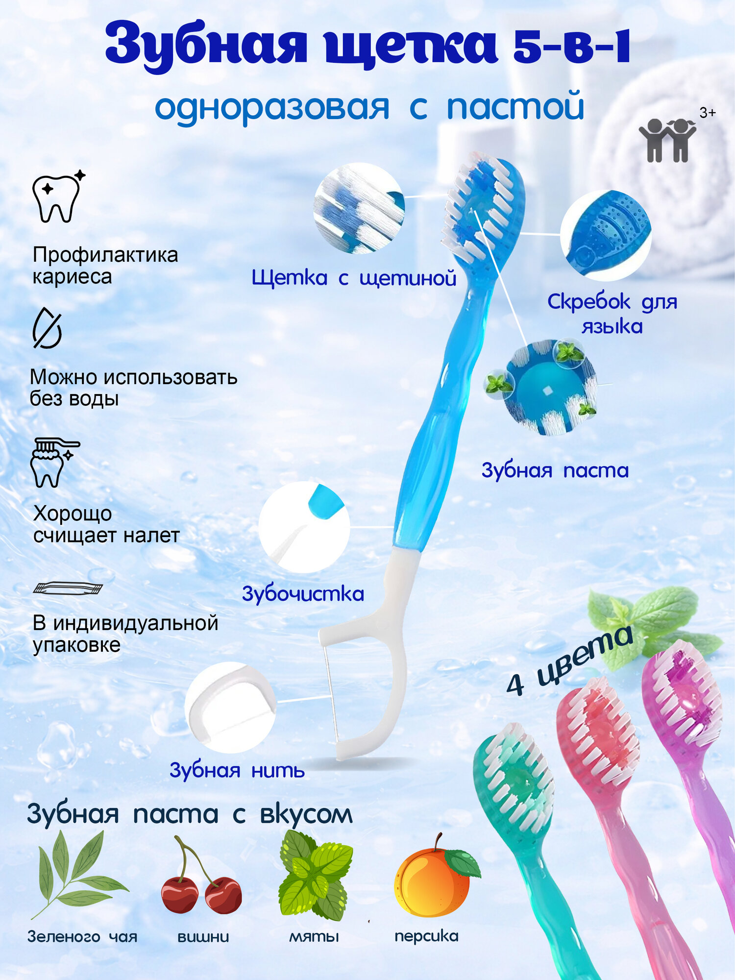 Одноразовые зубные щетки с капсулами 5 в 1, нить зубная, зубочистка 4 штук