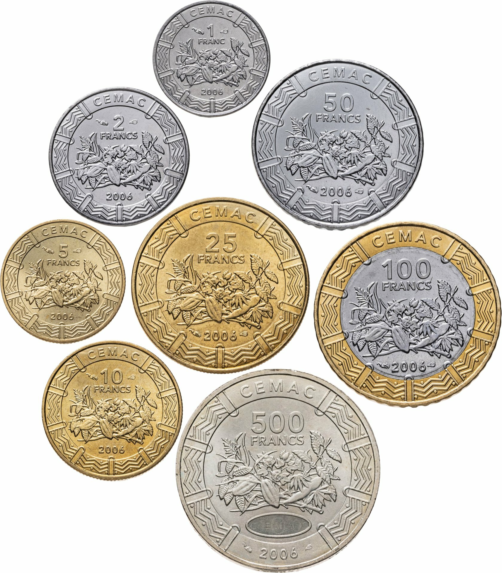 Центральная Африка веас набор из 8 монет 2006 1, 2, 5, 10, 25, 50, 100, 500 франков, Разный сплав, в сохранности BUNC