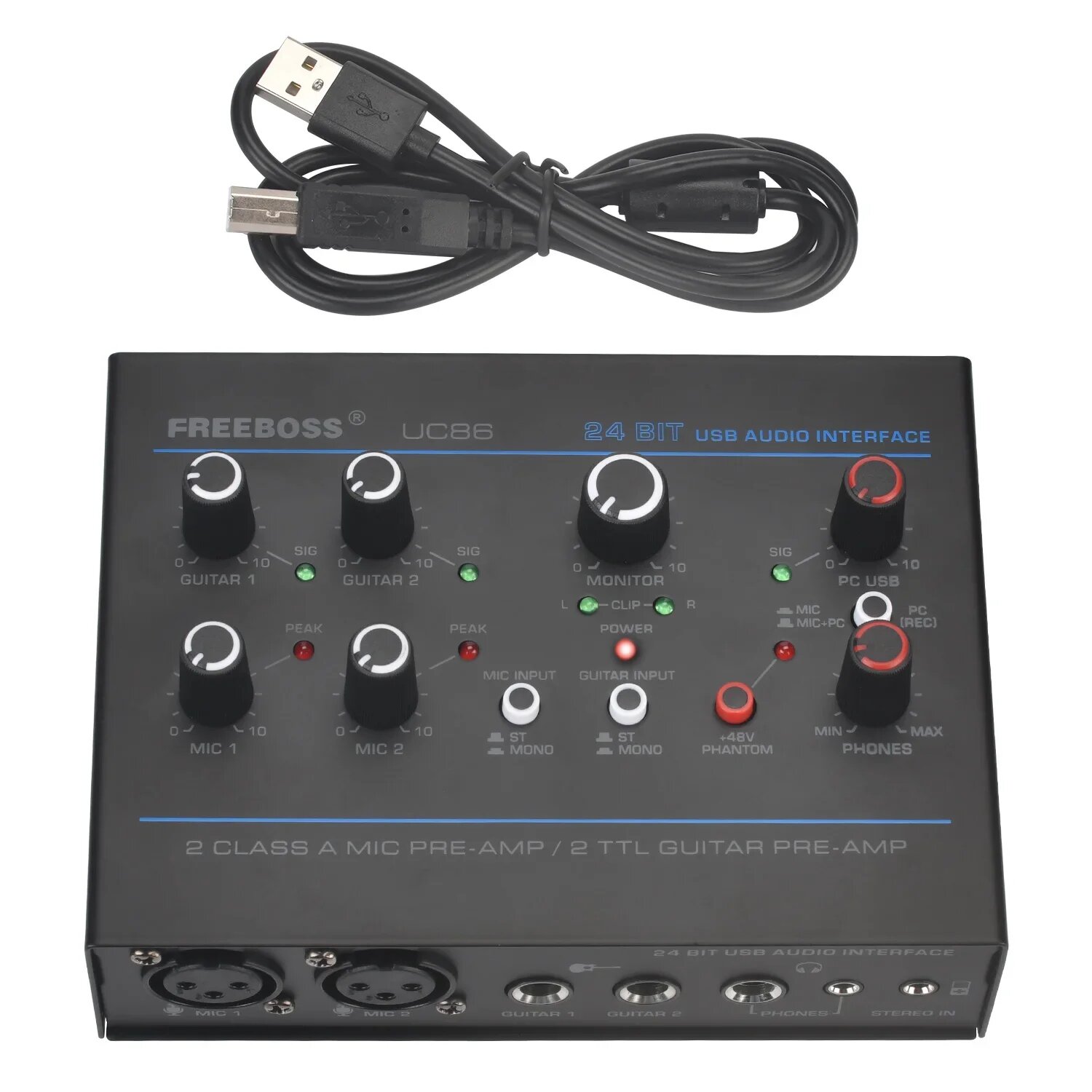 Звуковая карта для электрогитары Freeboss, 24 бита ASIO4ALL, 5-канальный аудиоинтерфейс с петлей, 3,5 мм, телефонный вход, стерео запись ПК UC86