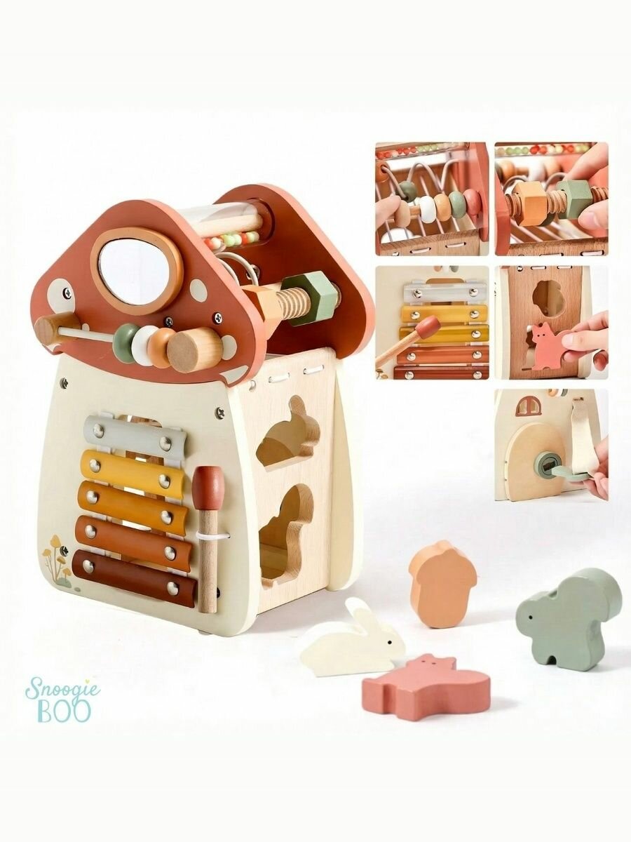 Деревянный развивающий домик-бизиборд 9в1 для малышей, Монтессори игрушка, сортер фигурки животных, ксилофон, лабиринт с бусинами, зеркало