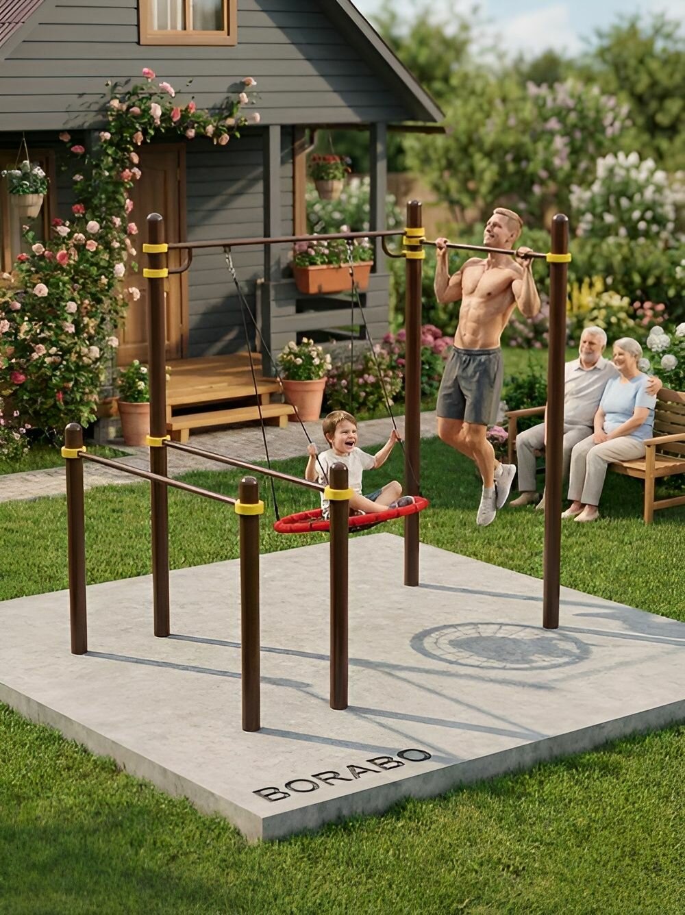 Спортивный комплекс уличный: турник, брусья, качели "Гнездо"