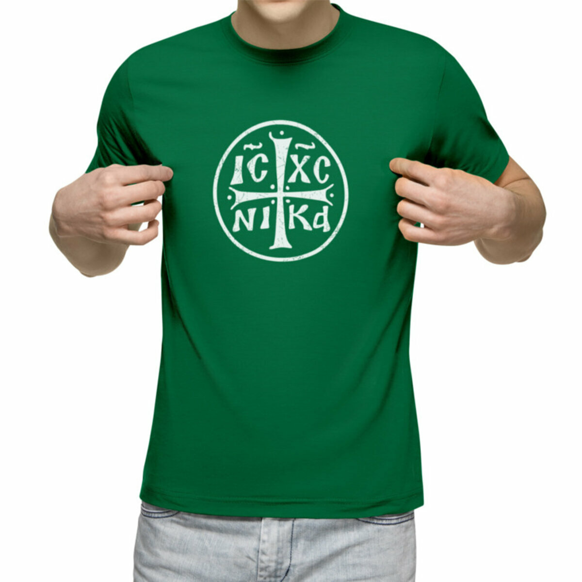 Мужская футболка «Иисус Христос Ника православная христианская пасха» (зеленый, XL)
