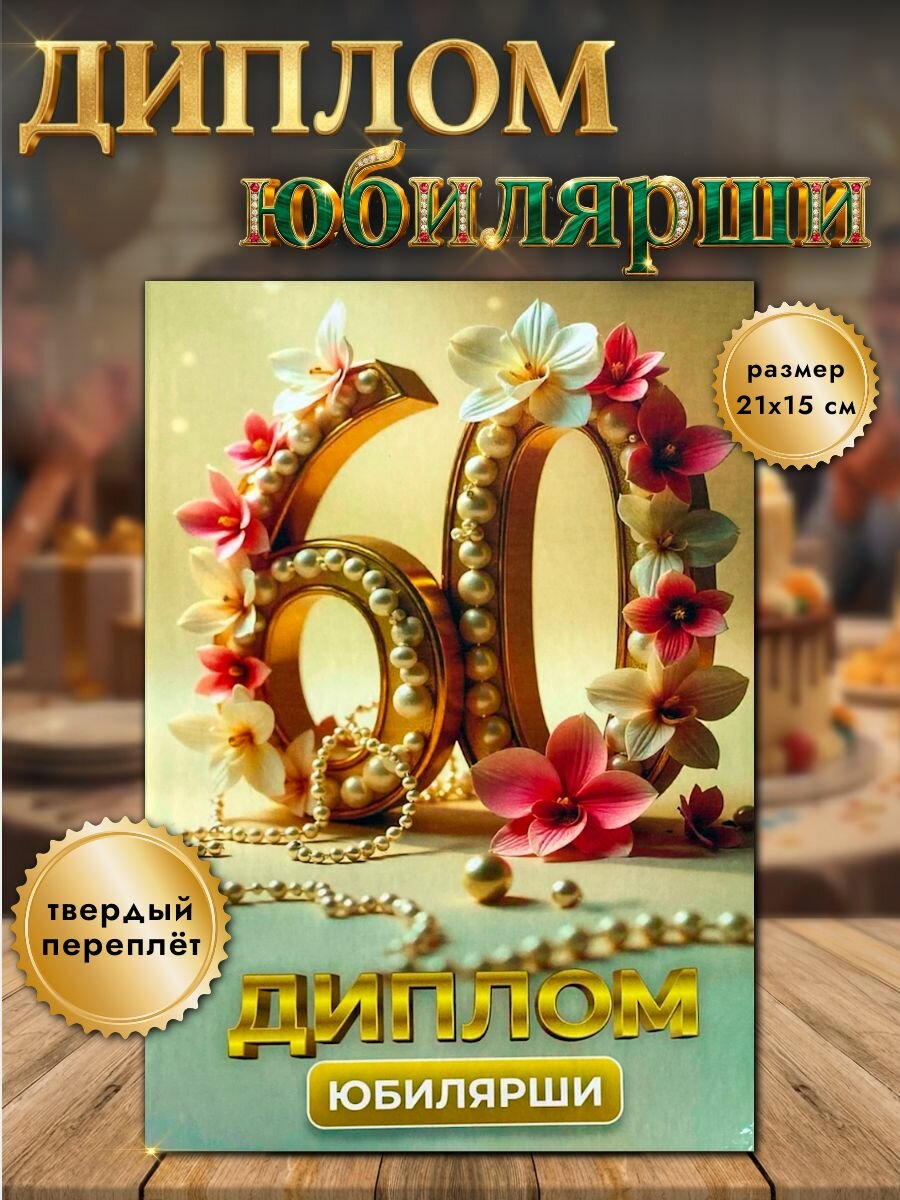 Диплом открытка подарочный "Юбилярша 60 лет", в подарок на день рождения, юбилей женщине