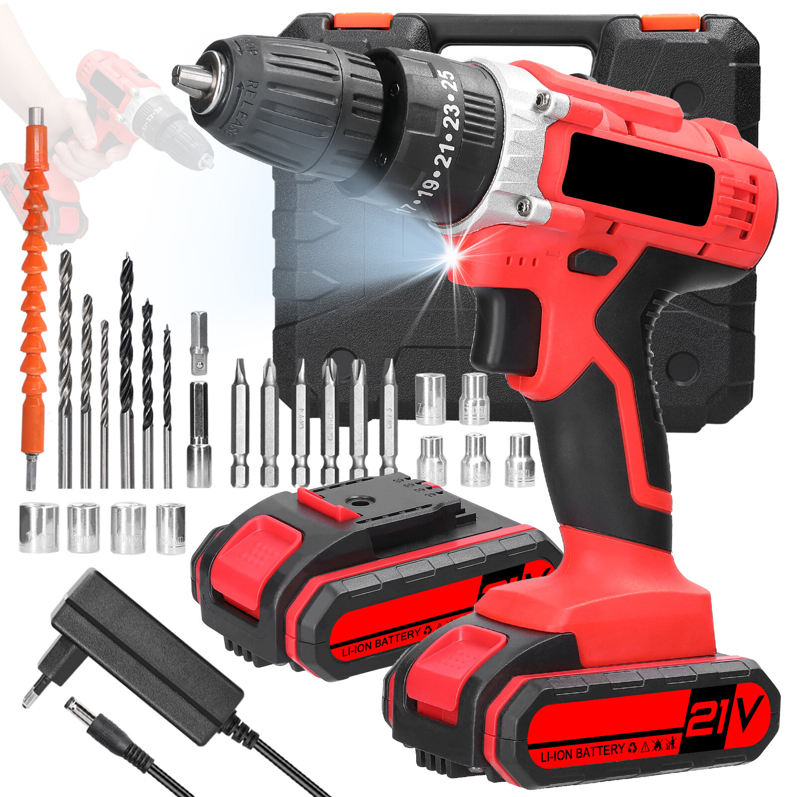 Бытовая Многофункциональная Электрическая дрель 3в1, Ручная Литиевая Отвертка, Ударная дрель 21 В, Щеточный мотор, 2 Скорости, Бесступенчатая Регулировка скорости, Способы вращения, Регулировка крутящего момента, 25 передач, Универсальный Электроинструмент