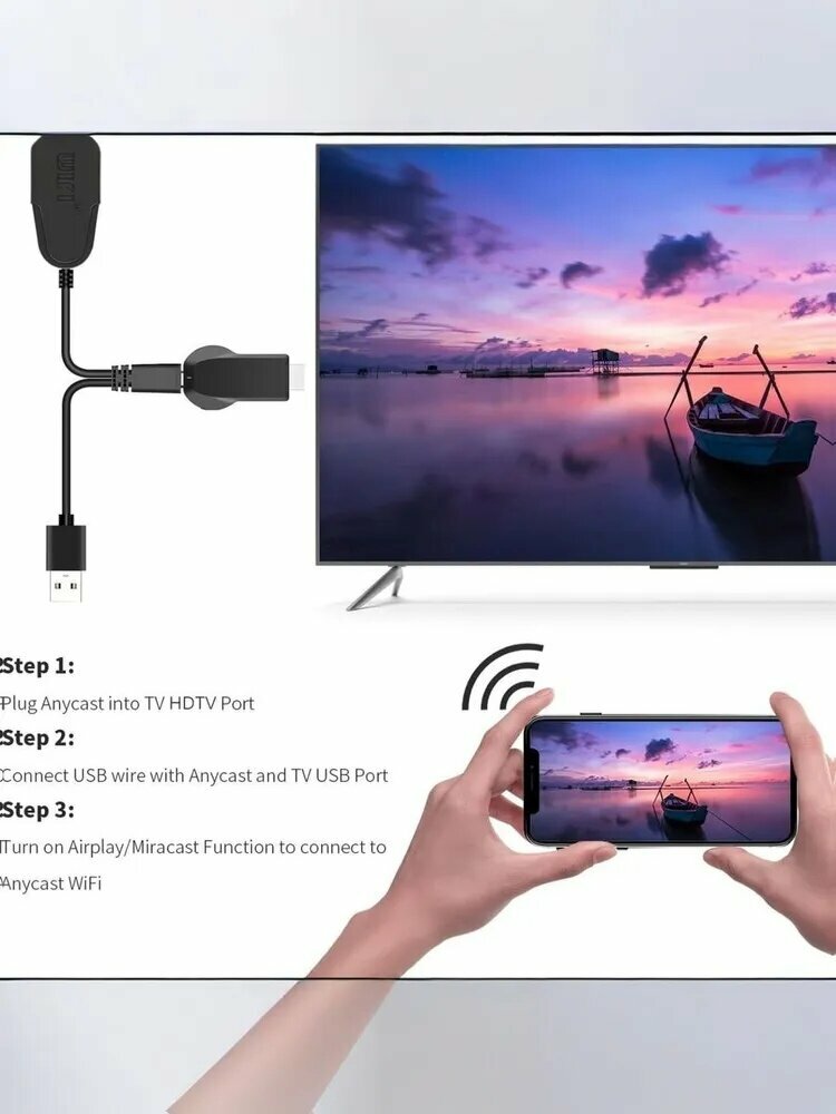 Беспроводной WiFi, экран, медиаплеер, приёмник, телевизор с Miracast, устройство для зеркалирования, HDMI 1080p, любой планшет или мобильный проектор