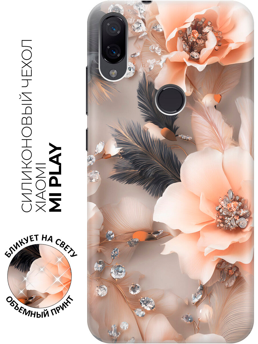 Силиконовый чехол на Xiaomi Mi Play с принтом "Персиковые цветы и самоцветы"