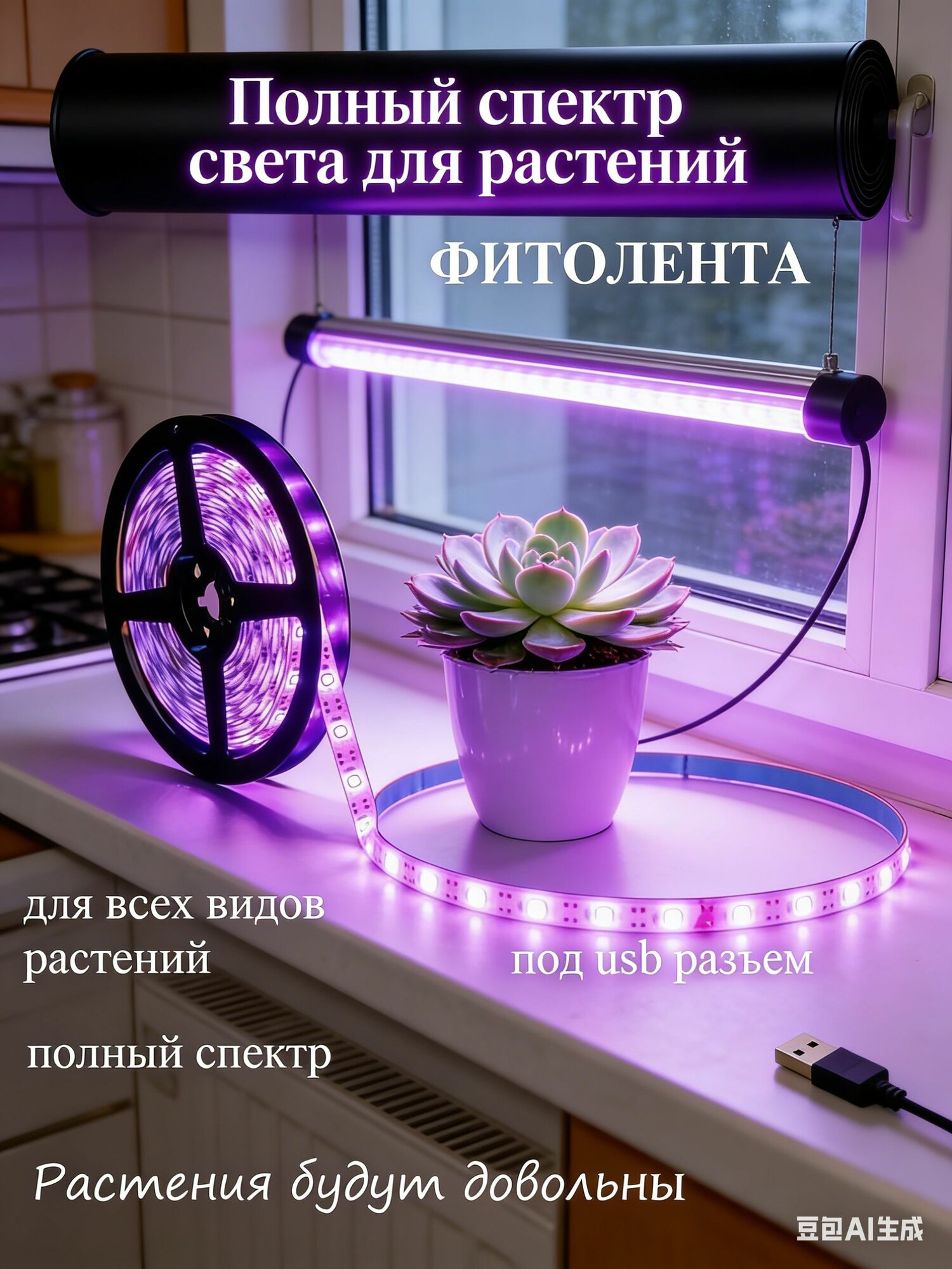 Светодиодная фитолента для подсветки растений, рассады цветов, гроубокса / LED лента полного спектра, 5 м