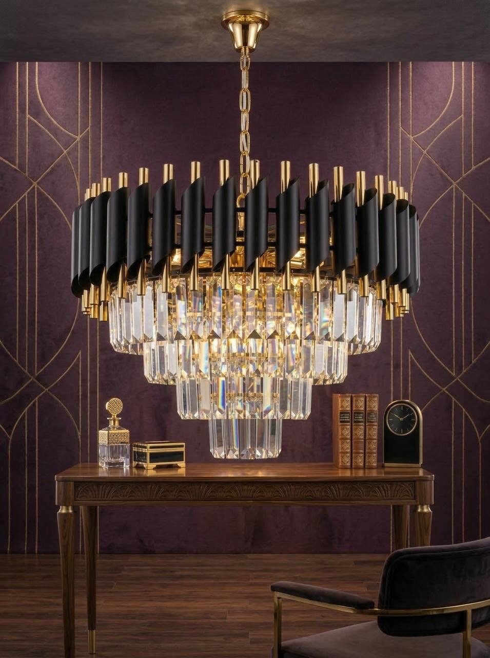 Потолочная хрустальная люстра для гостиной, в спальню, на кухню, в зал, E14, черная золотая, диаметр 52 см