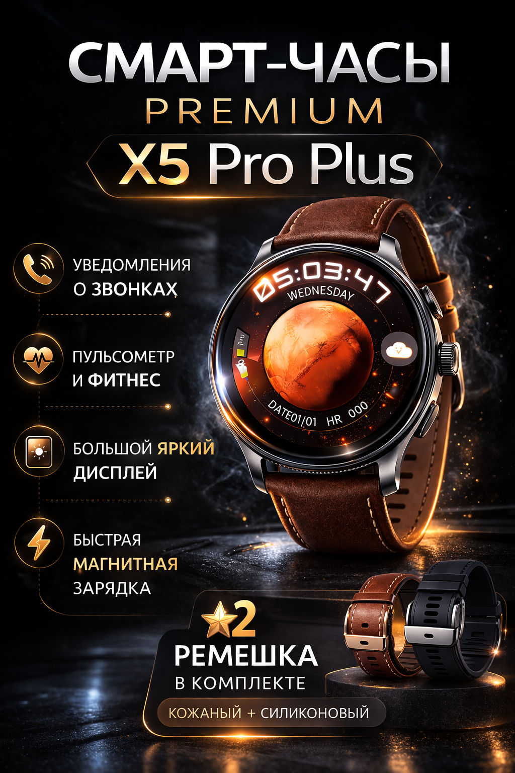 Смарт-часы X5 Pro Plus 2025, Smart Watch PREMIUM, AMOLED экран, 2 ремешка, умные часы, 46 мм, черный