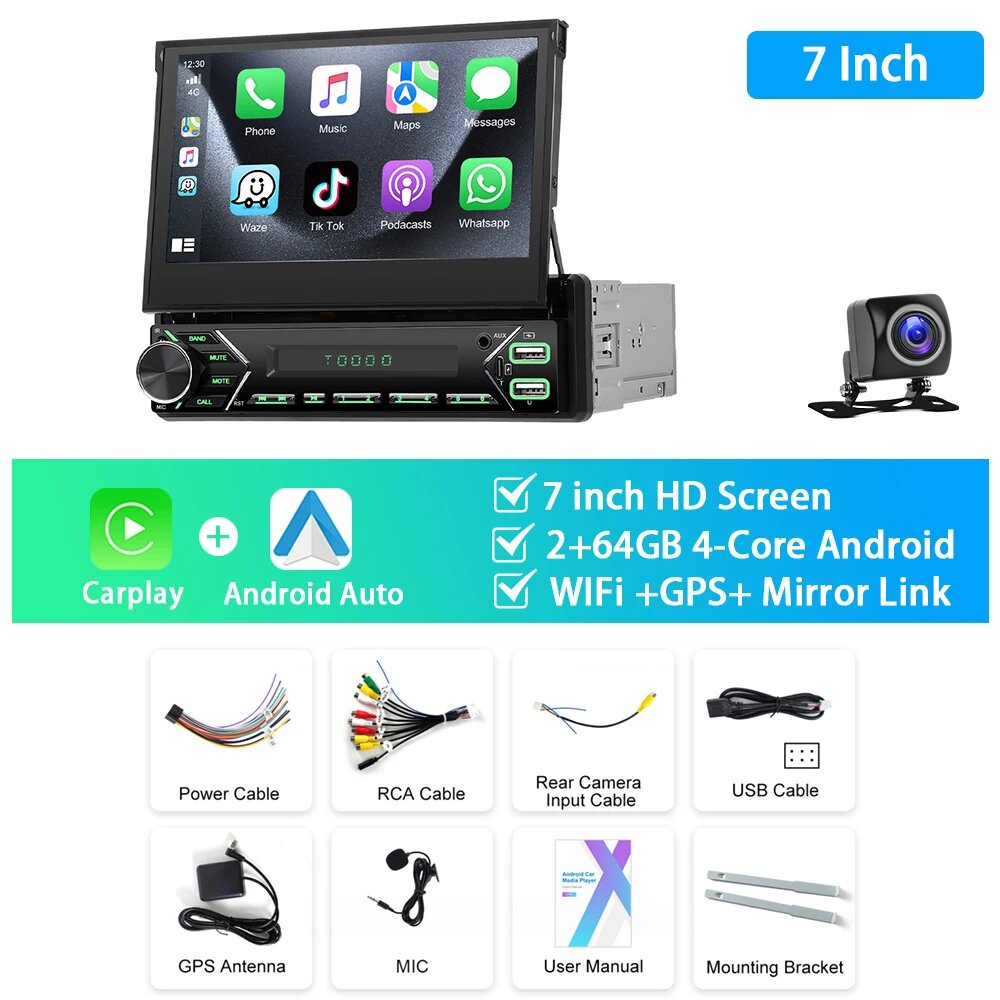 Магнитола DV-Pioneer, 7", сенсорная, с выдвижным дисплеем, 1DIN, 2GB RAM, поддержка CarPlay, AndroidAuto