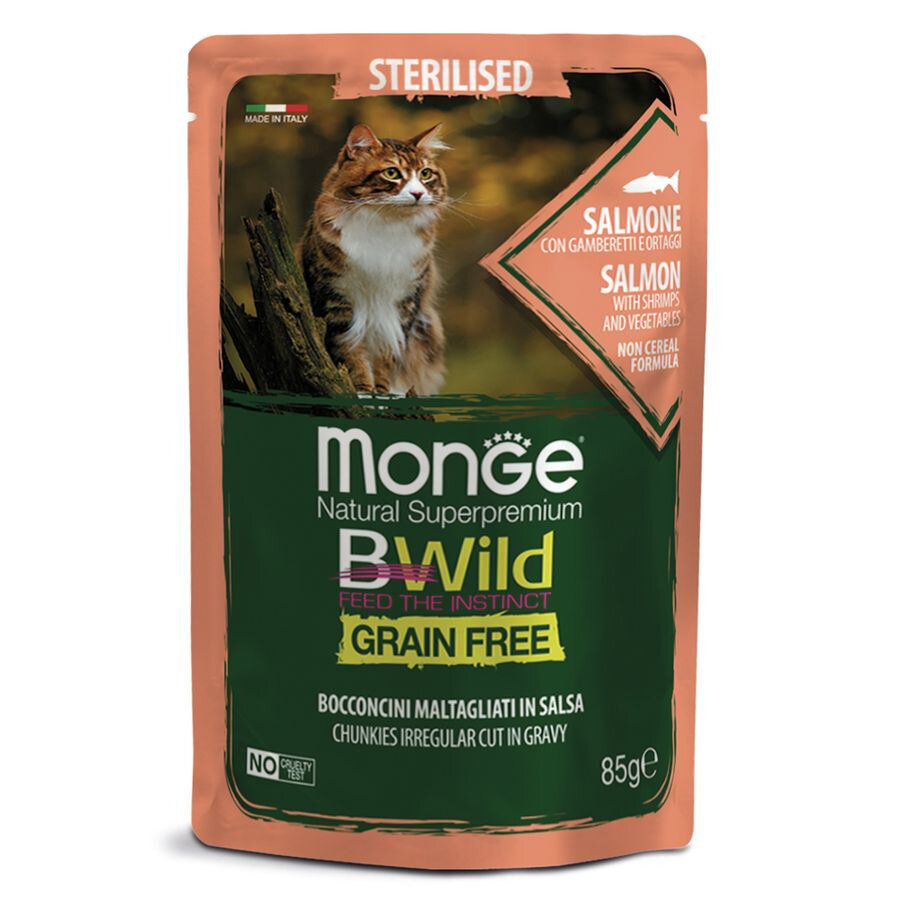Влажный корм для кошек Monge Cat BWild Grain Free, беззерновой, с лососем, кусочки в соусе 85 г x 28 шт