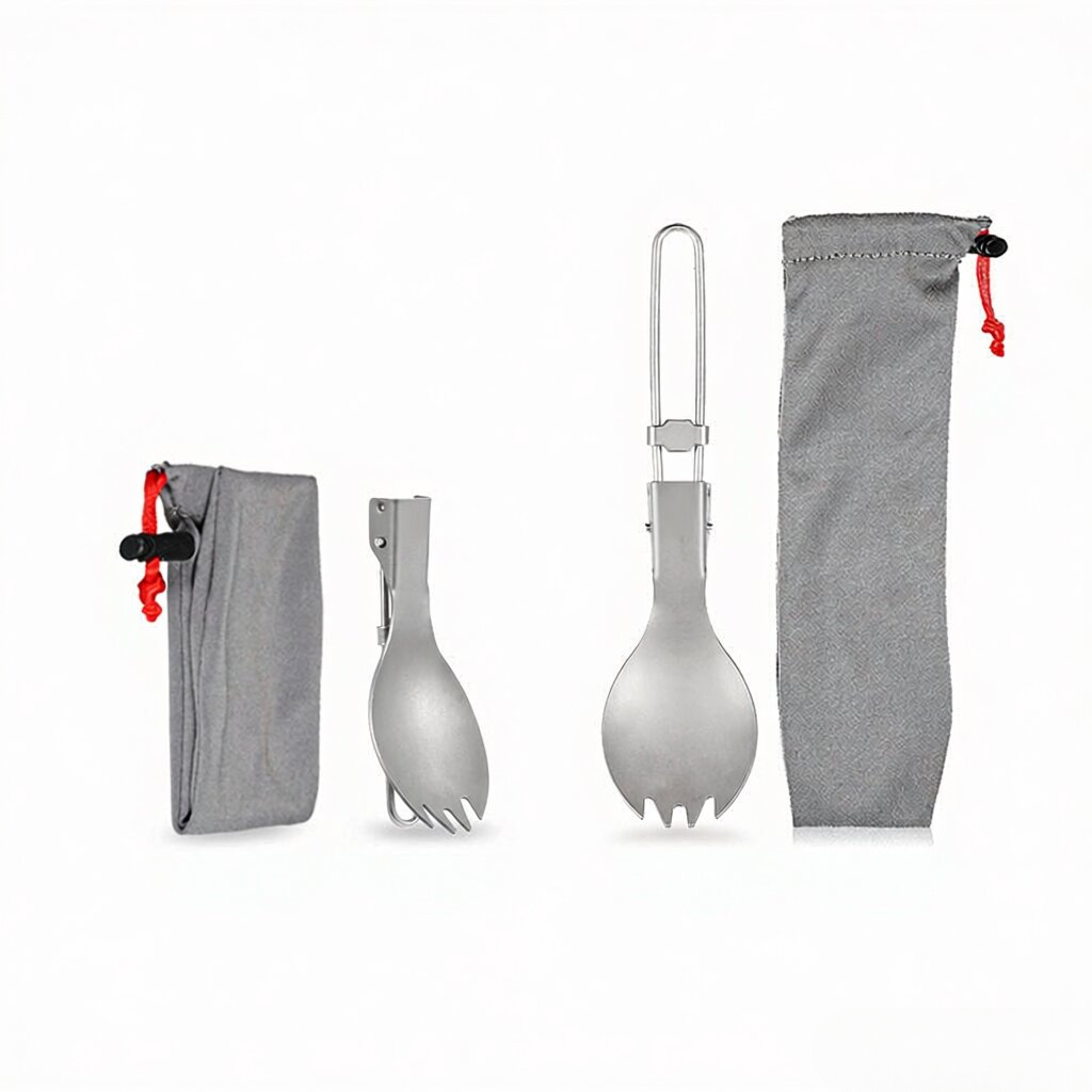 Титановый складной спорк для откры-air, кемпинга, походов, туризма, обеденный прибор, посуда, длина открытым 150мм/5.9дюймов, длина сложенным 87мм/3.4дюймов, вес 19г/0.7унции, комплект: 1 титановый спорк, 1 сумка для хранения