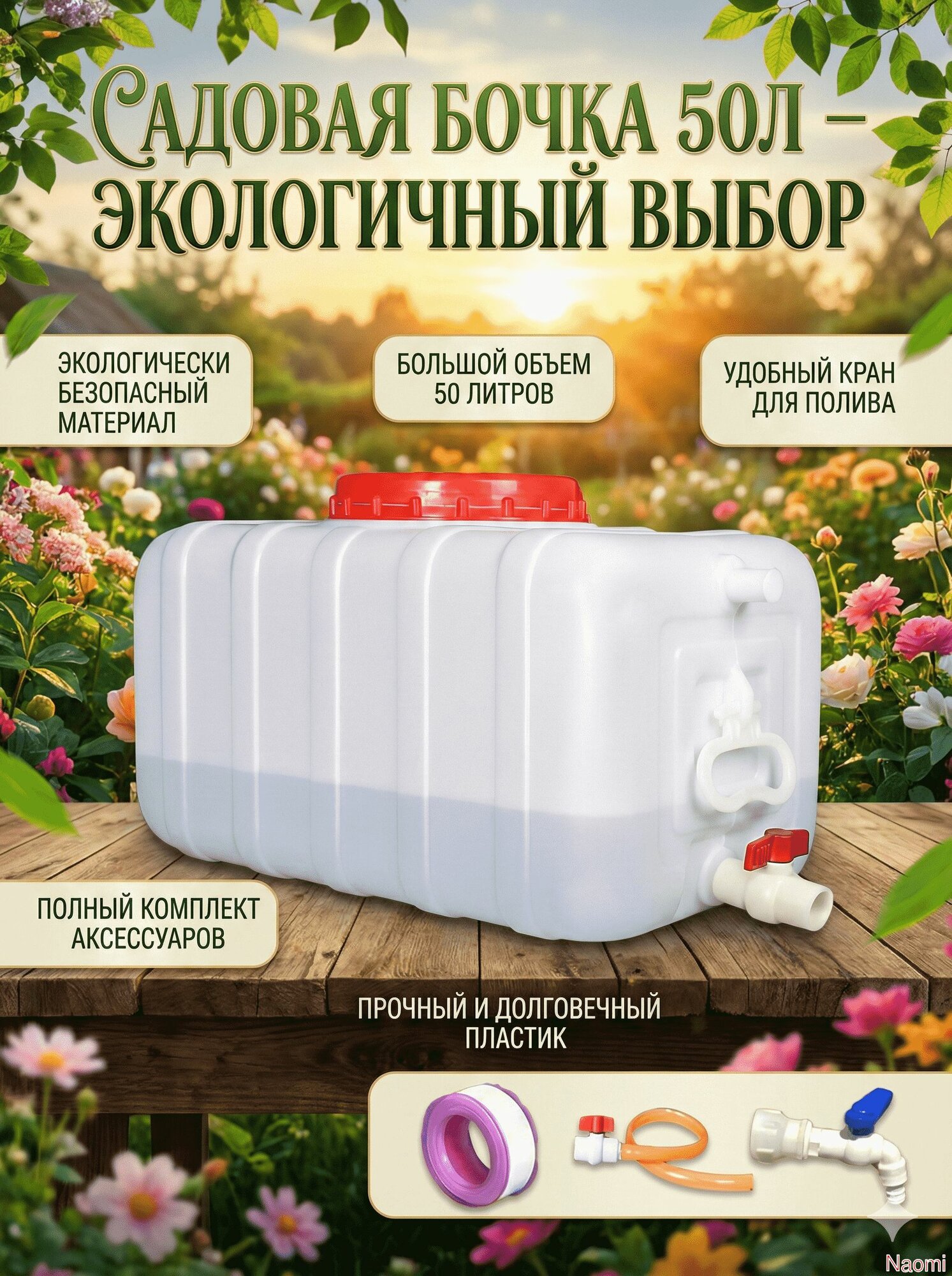 Бочка, для воды, садовая, ABS пластик, 50 л, белая, прямоугольная