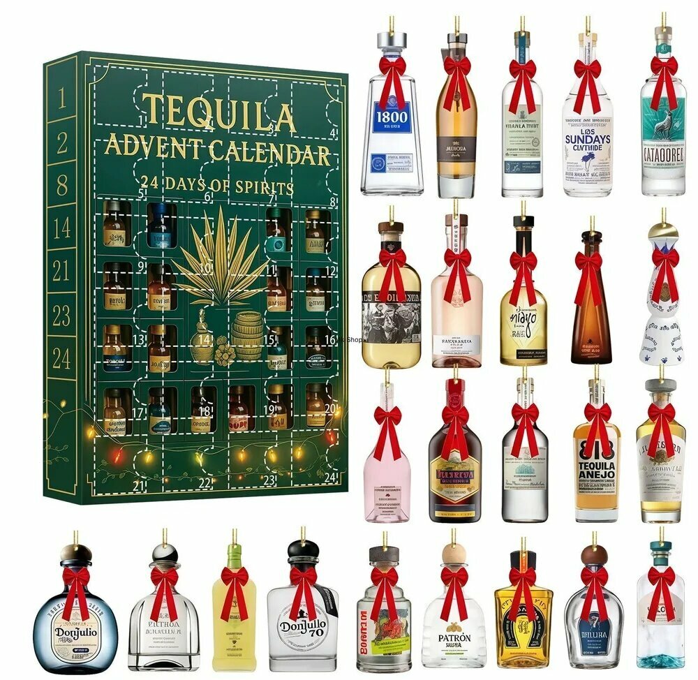 Адвент-календарь для взрослых 2025 Tequila, 24 мини-бутылочки, акриловый, праздничный бокс-сюрприз, 26x18x3 см